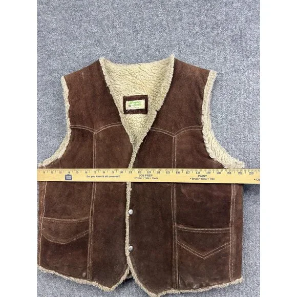 Vintage Suede Leather Vest Mens Large Brown Sherpa Lined Western Snap 70s